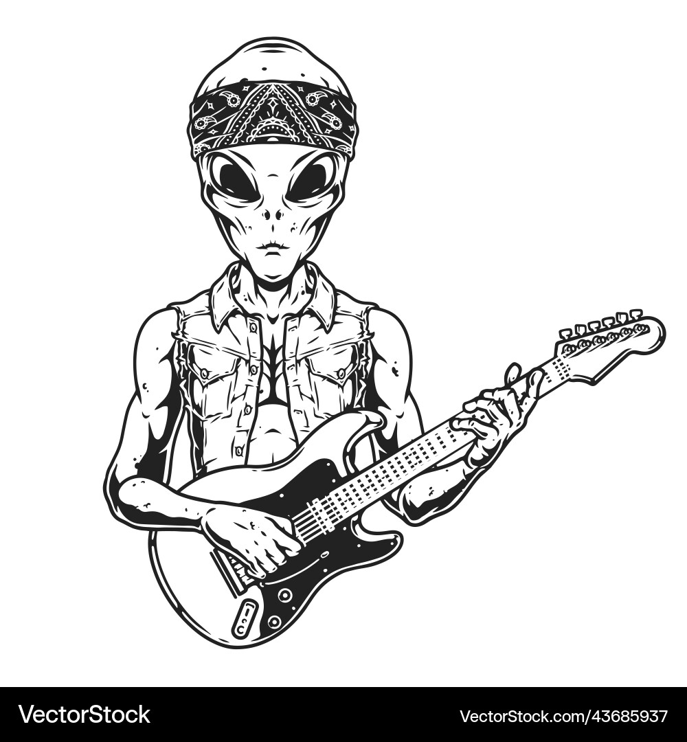 Alien guitar vintage label monochrome Royalty Free Vector