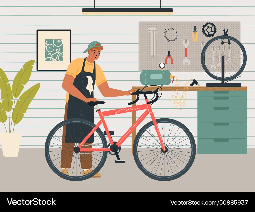 Repairman fixing broken customer bicycle Vector Image
