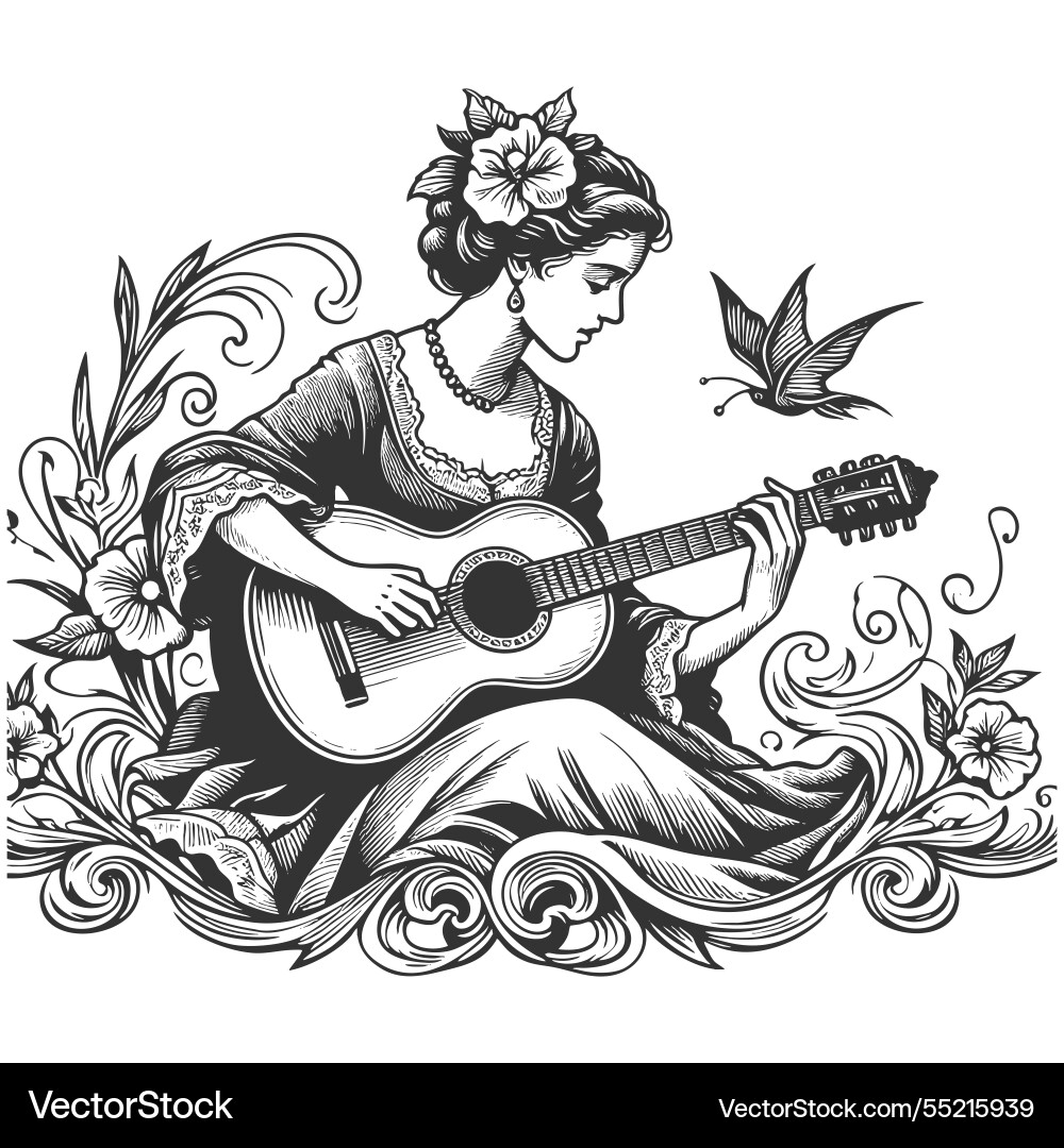 Fado singer lady engraving Royalty Free Vector Image