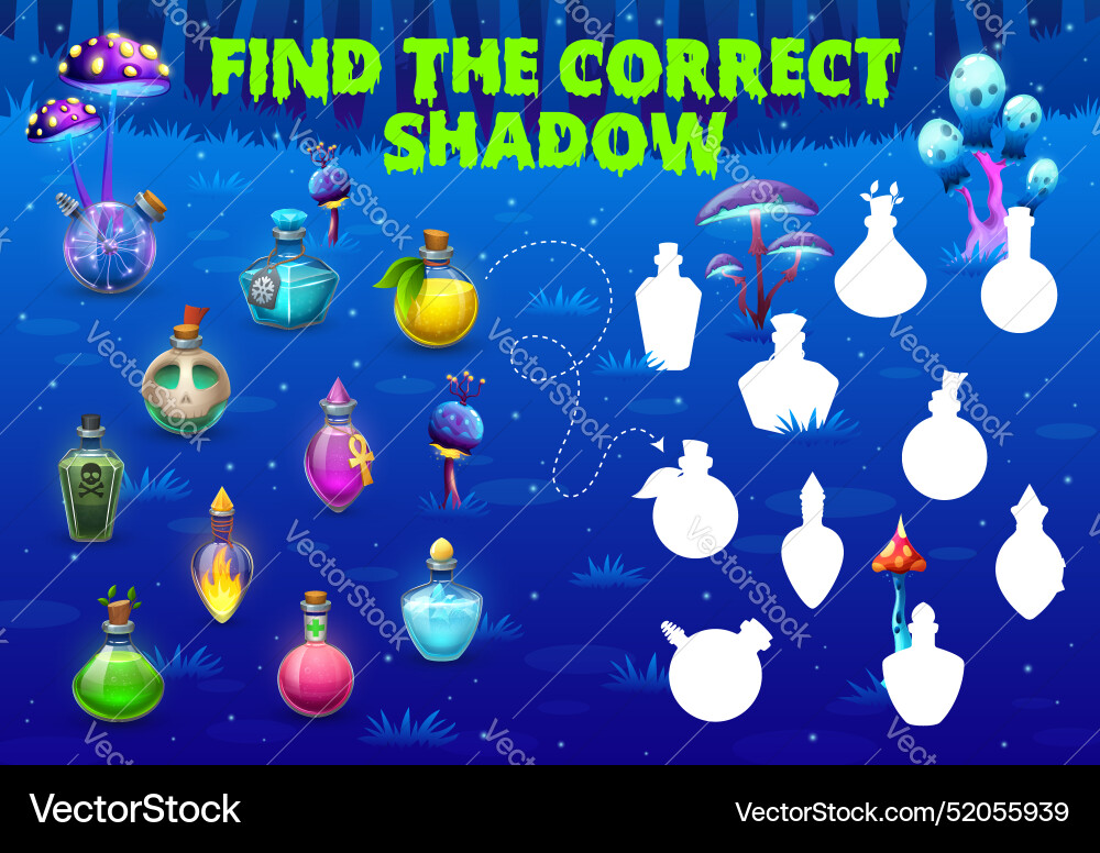 Halloween game find correct shadow of potion vial Vector Image