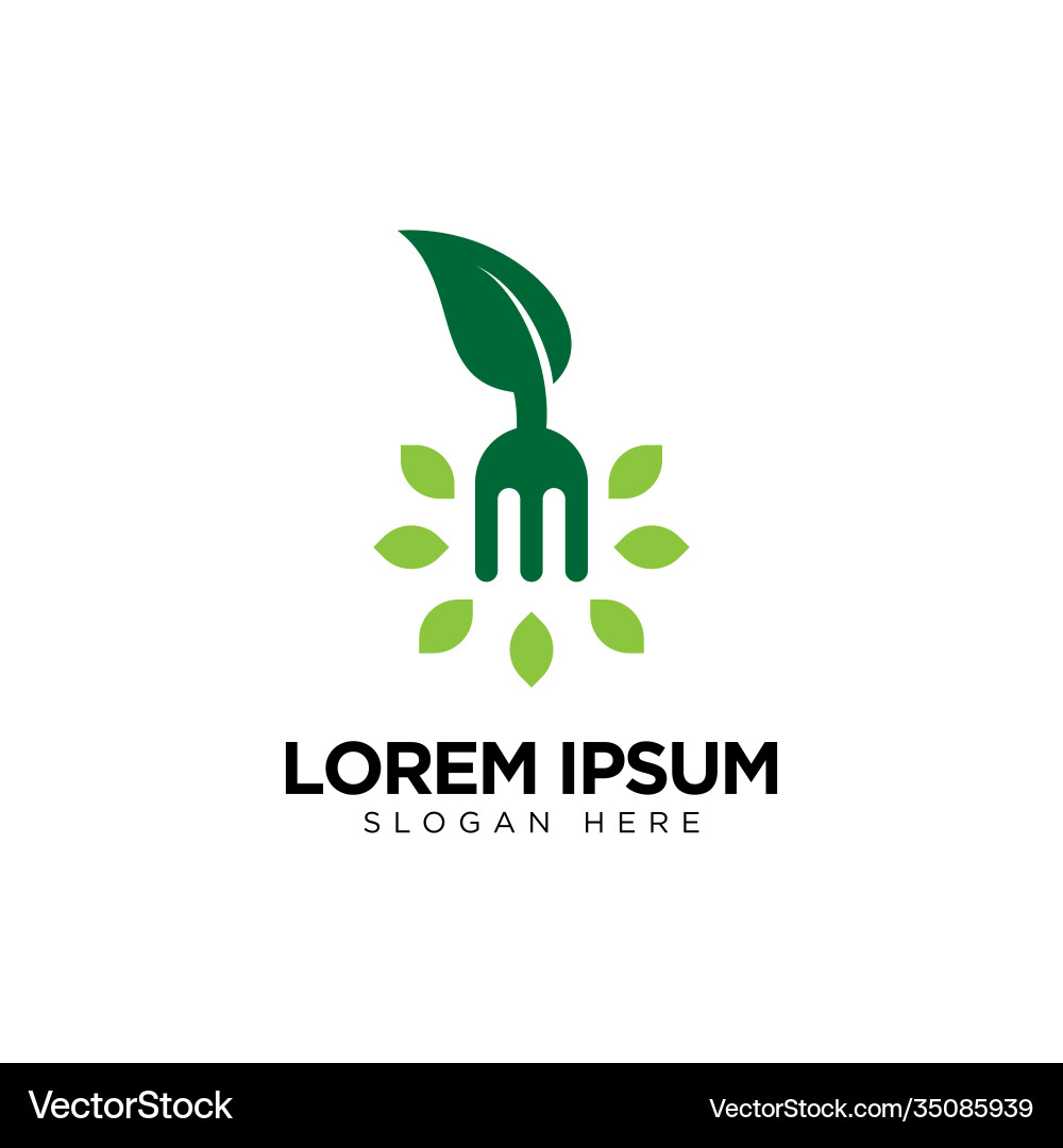 Healthy food logo with fork and leaf restaurant Vector Image
