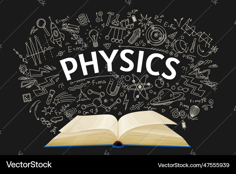 Physics textbook on school chalkboard background Vector Image