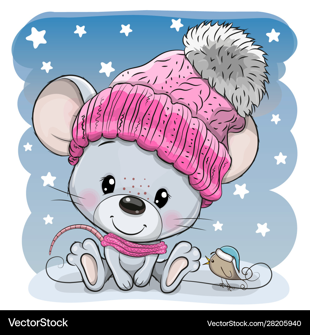 Cartoon mouse in a knit cap and bird Royalty Free Vector