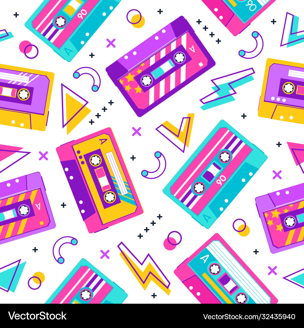 Retro cassette pattern seamless vintage memphis Vector Image