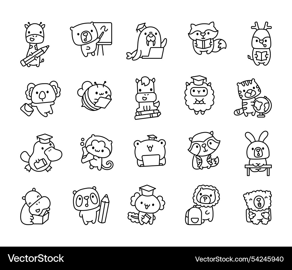 School animal kawaii cartoon outline characters Vector Image