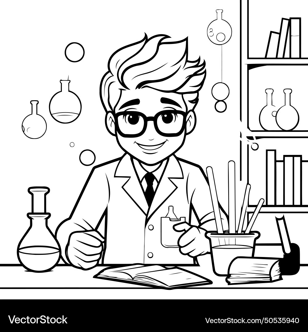Scientist writing in a laboratory black and white Vector Image