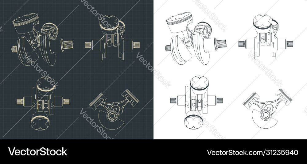 Two-cylinder engine piston block drawings Vector Image