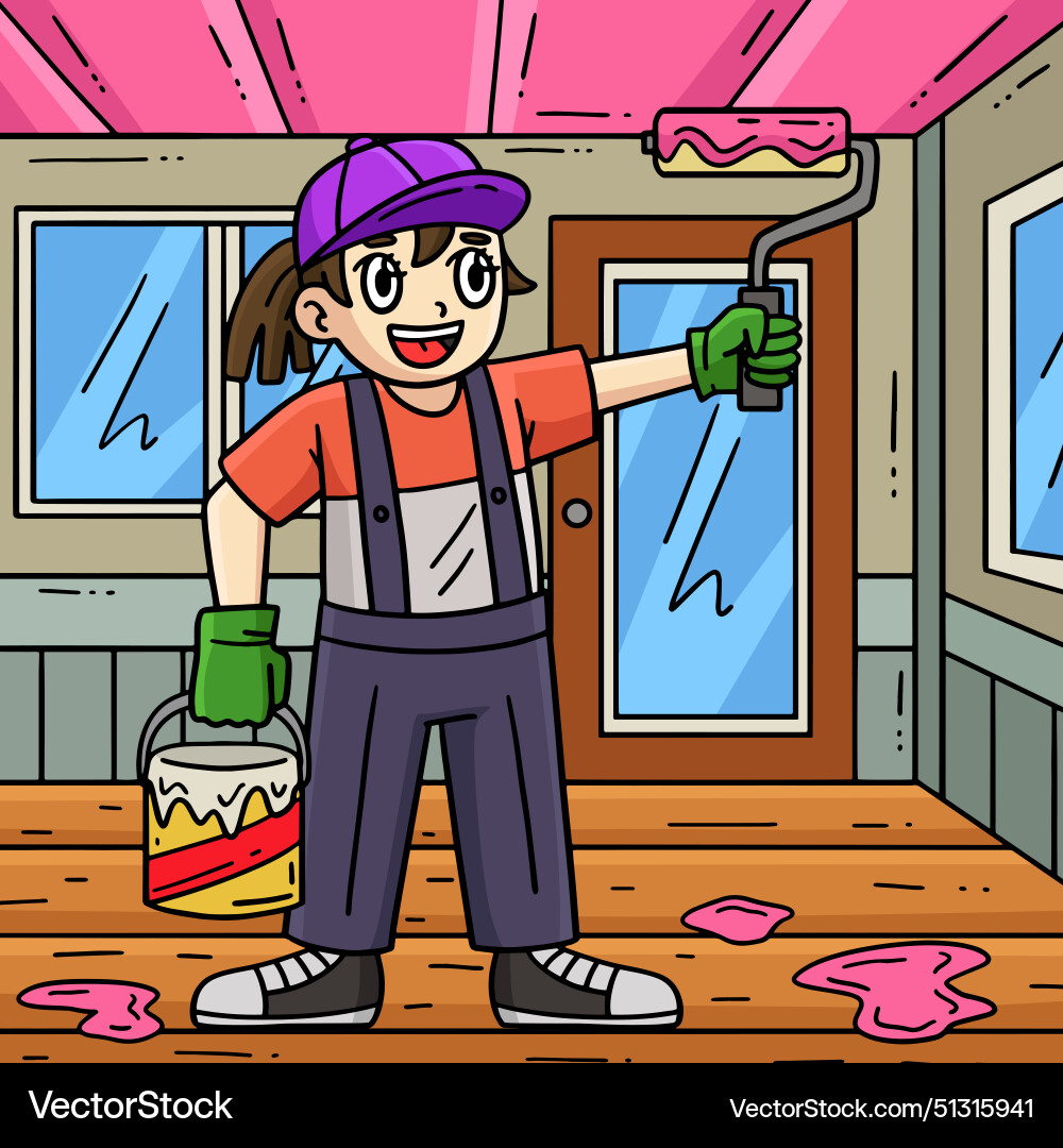 Construction painter paint roller colored cartoon Vector Image
