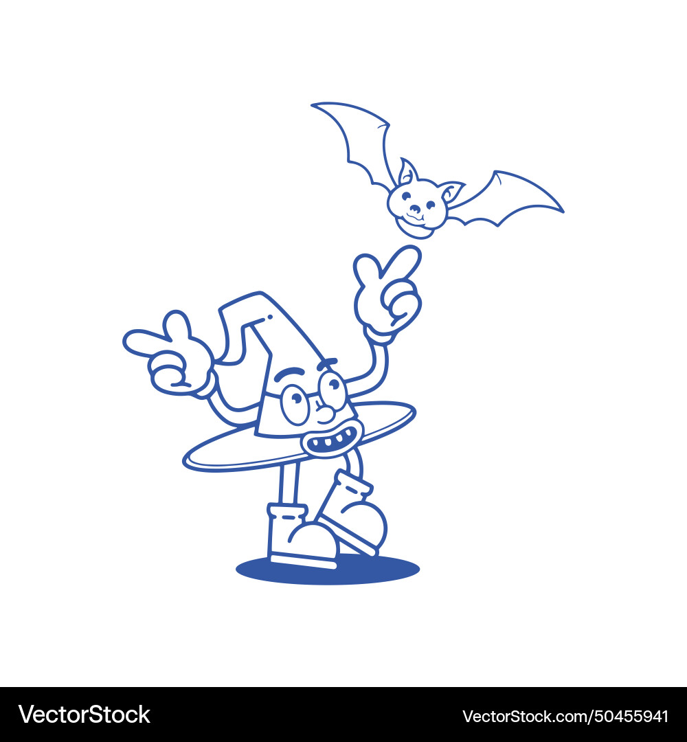 Halloween witch hat groovy character cute bat Vector Image