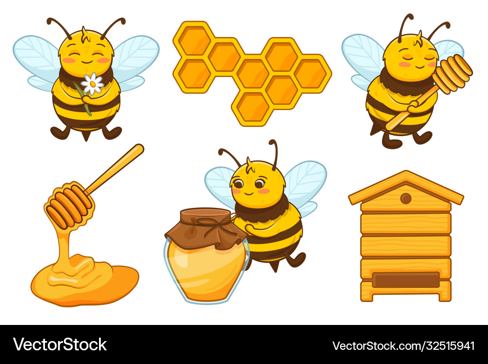 Six different designs cute bees and honey Vector Image