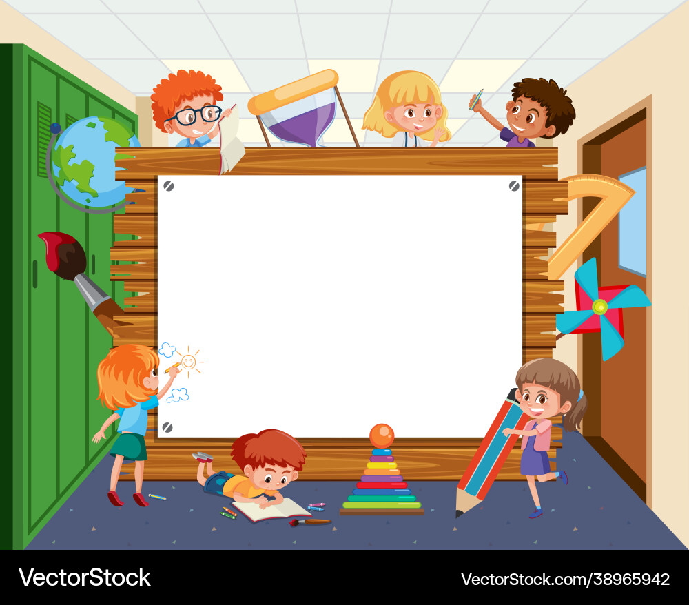 Empty wooden frame with school kids cartoon Vector Image