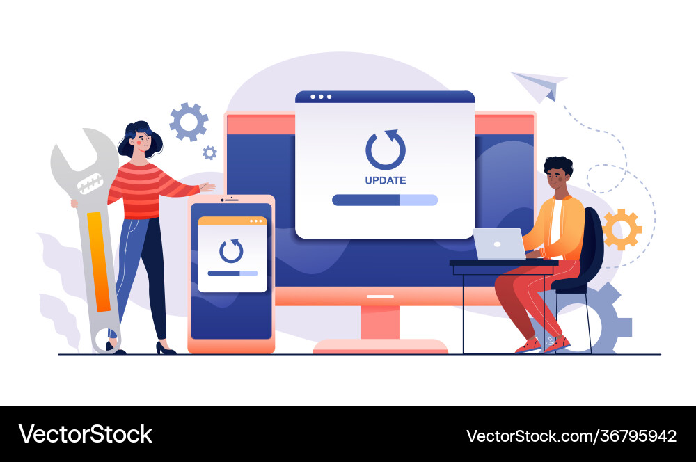 Pc bug fixing installing update process concept Vector Image