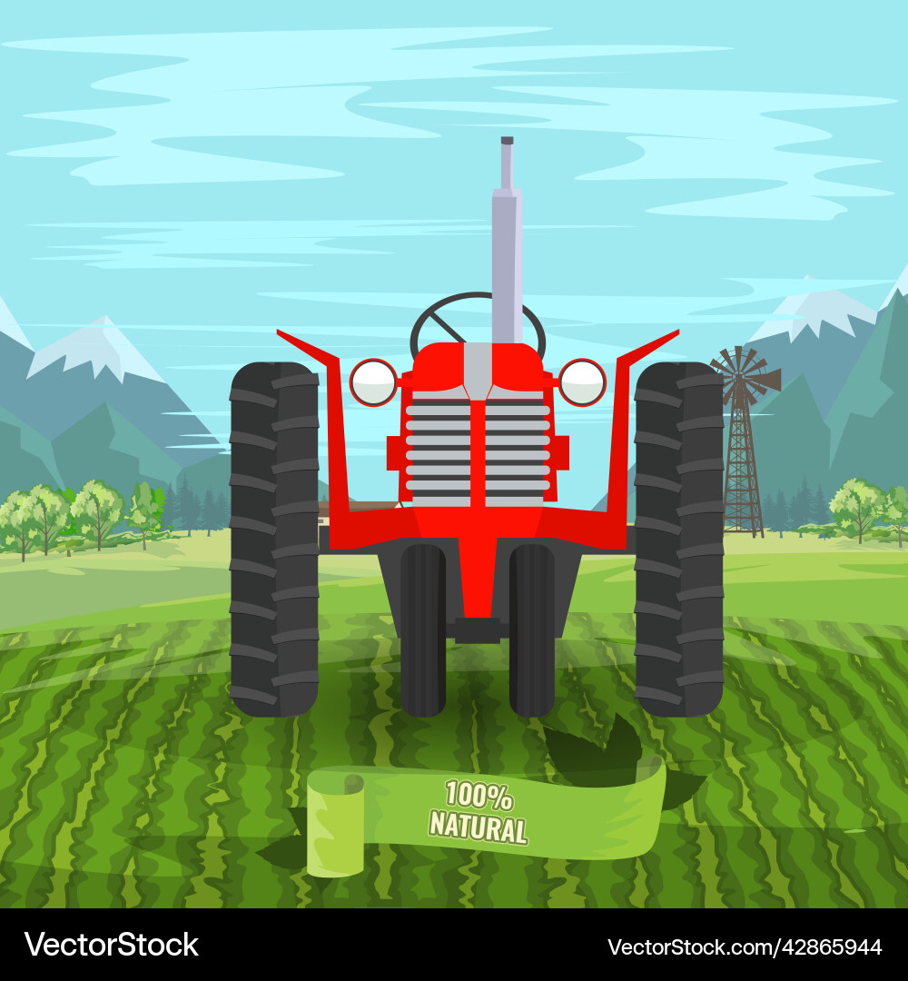 Tractor with front view and countryside farm Vector Image