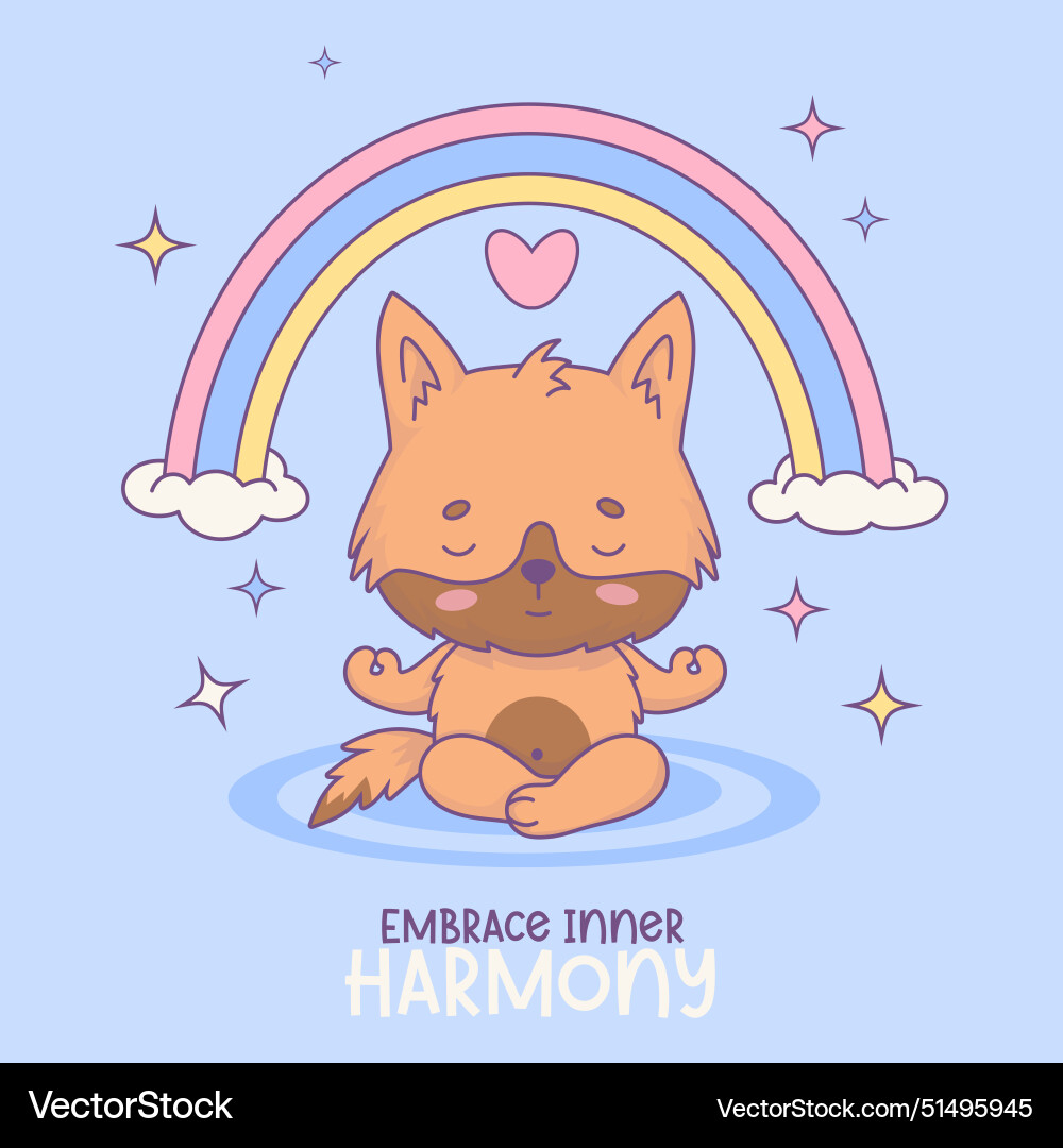 Cute calm cartoon dog meditating under rainbow Vector Image