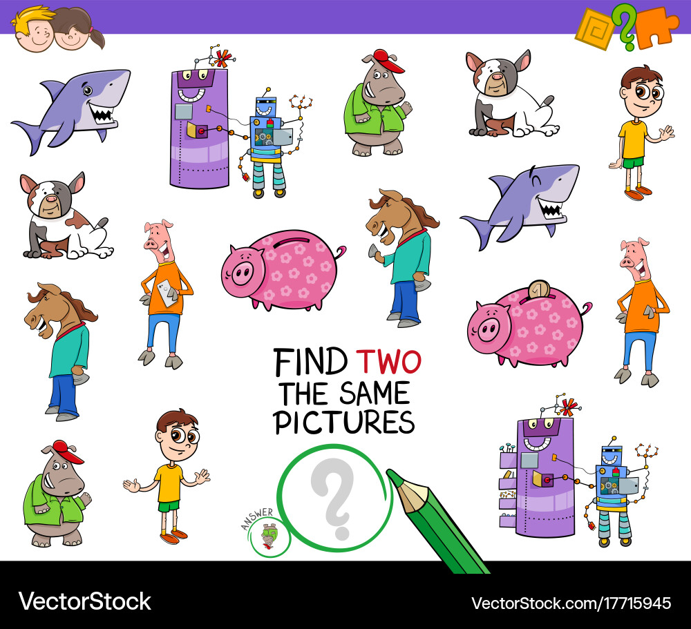 Find two the same pictures cartoon game Royalty Free Vector