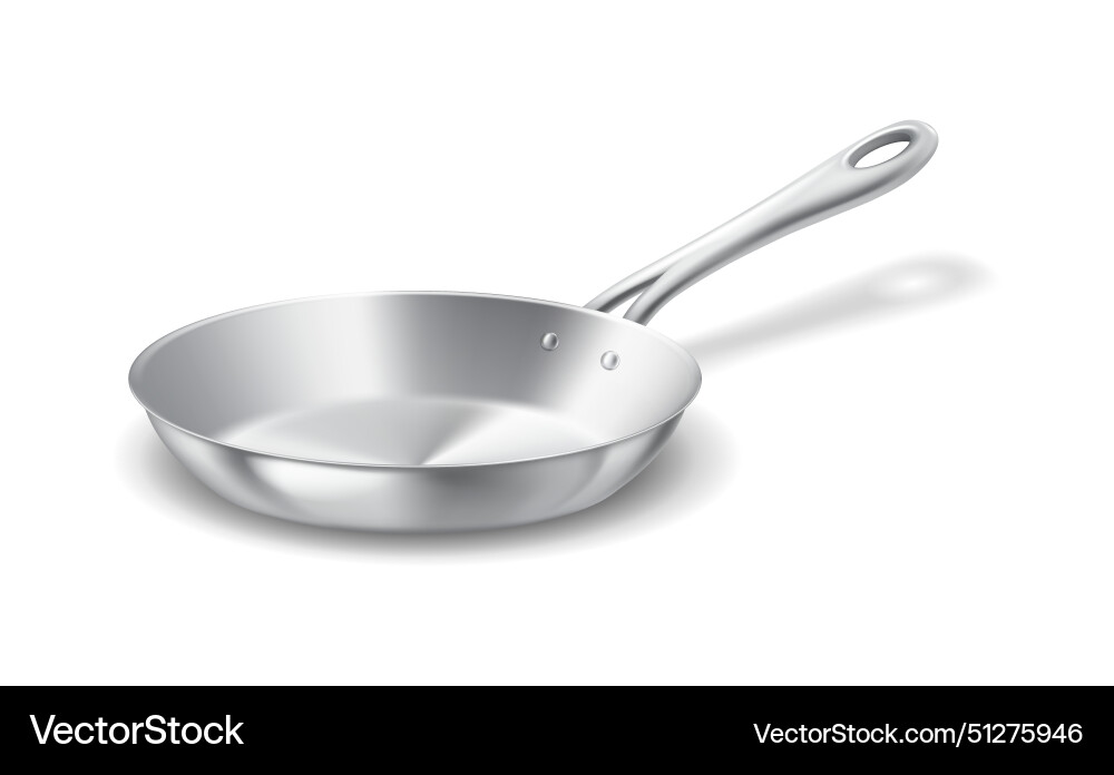 Shiny steel frying pan with handle realistic Vector Image