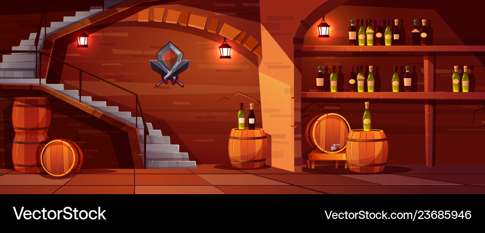 Wine cellar with wooden barrels bottles Royalty Free Vector