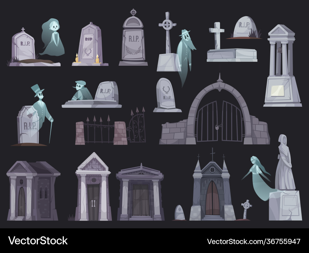 Cemetery cartoon set Royalty Free Vector Image