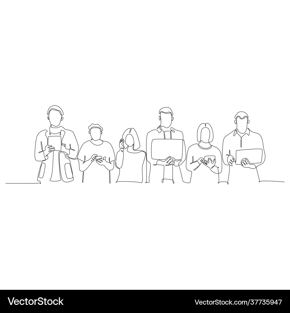 Continuous line group people using modern cell Vector Image