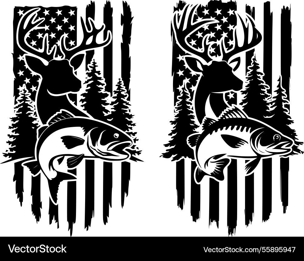 Deer fish tree scene on american flag Royalty Free Vector