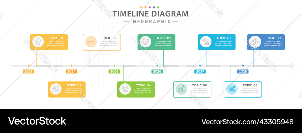 Infographic 9 steps timeline diagram yearly topics