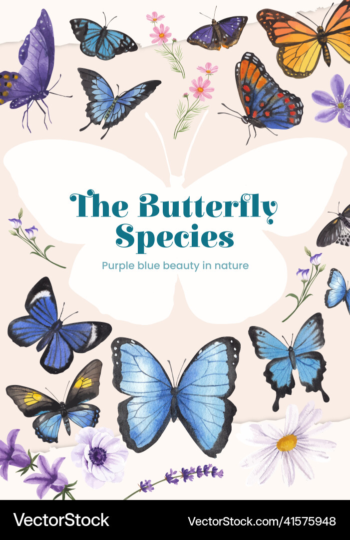 Poster template with purple and blue butterfly Vector Image