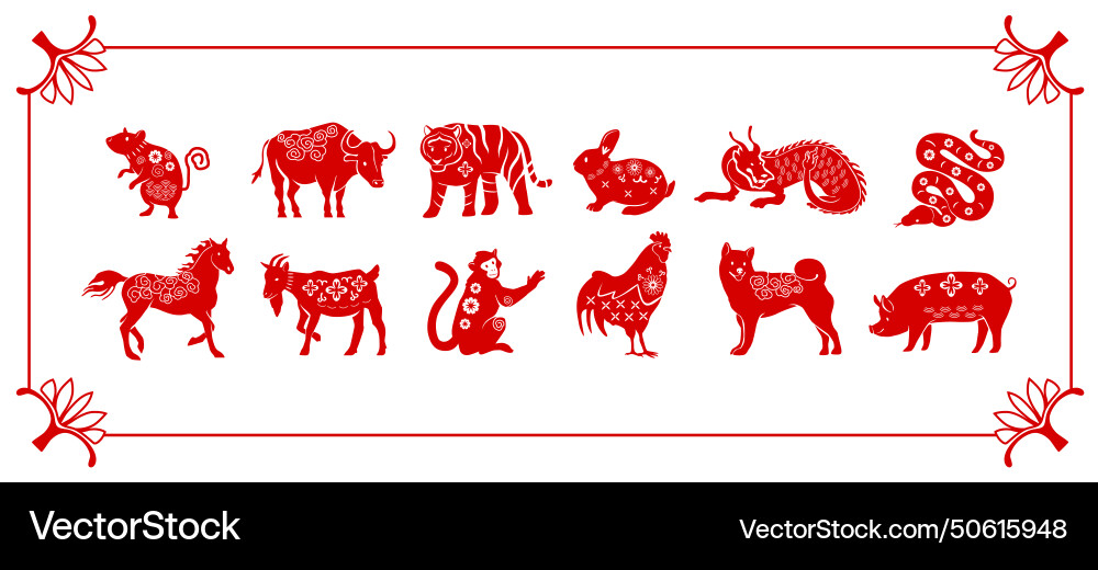 Red chinese zodiac animals each representing Vector Image