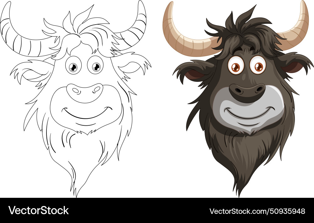 Two stylized yaks one colored Royalty Free Vector Image