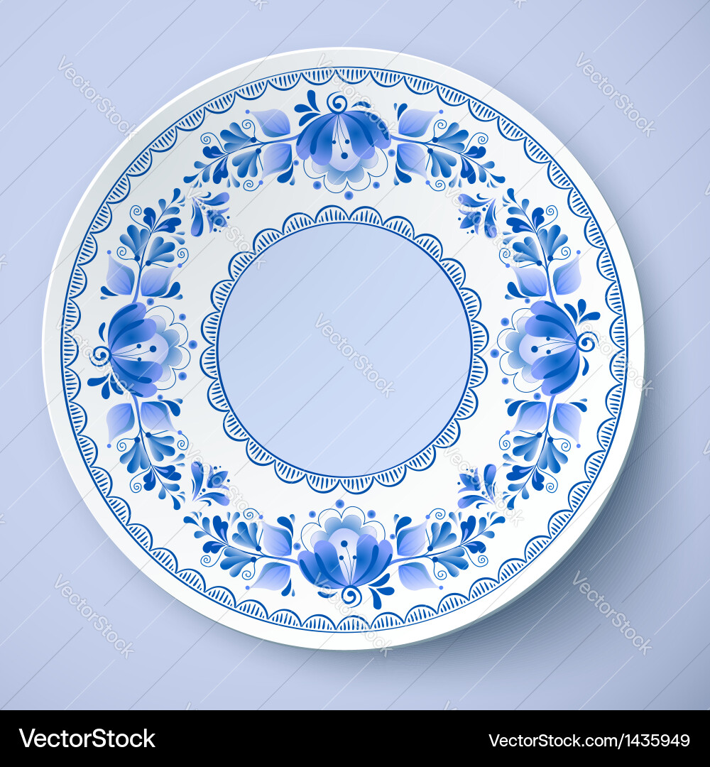 Blue & White Russian Plate - Gzhel Style Vector Image