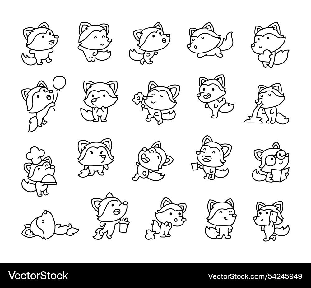 Cute kawaii cartoon wolf characters Royalty Free Vector