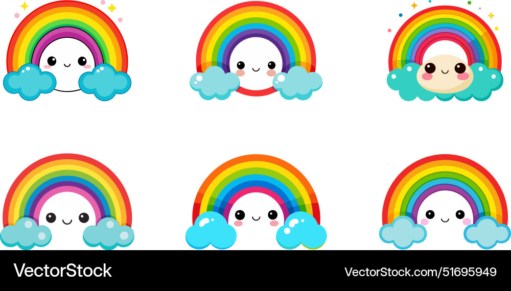 Cute rainbow character with eyes on clouds Vector Image