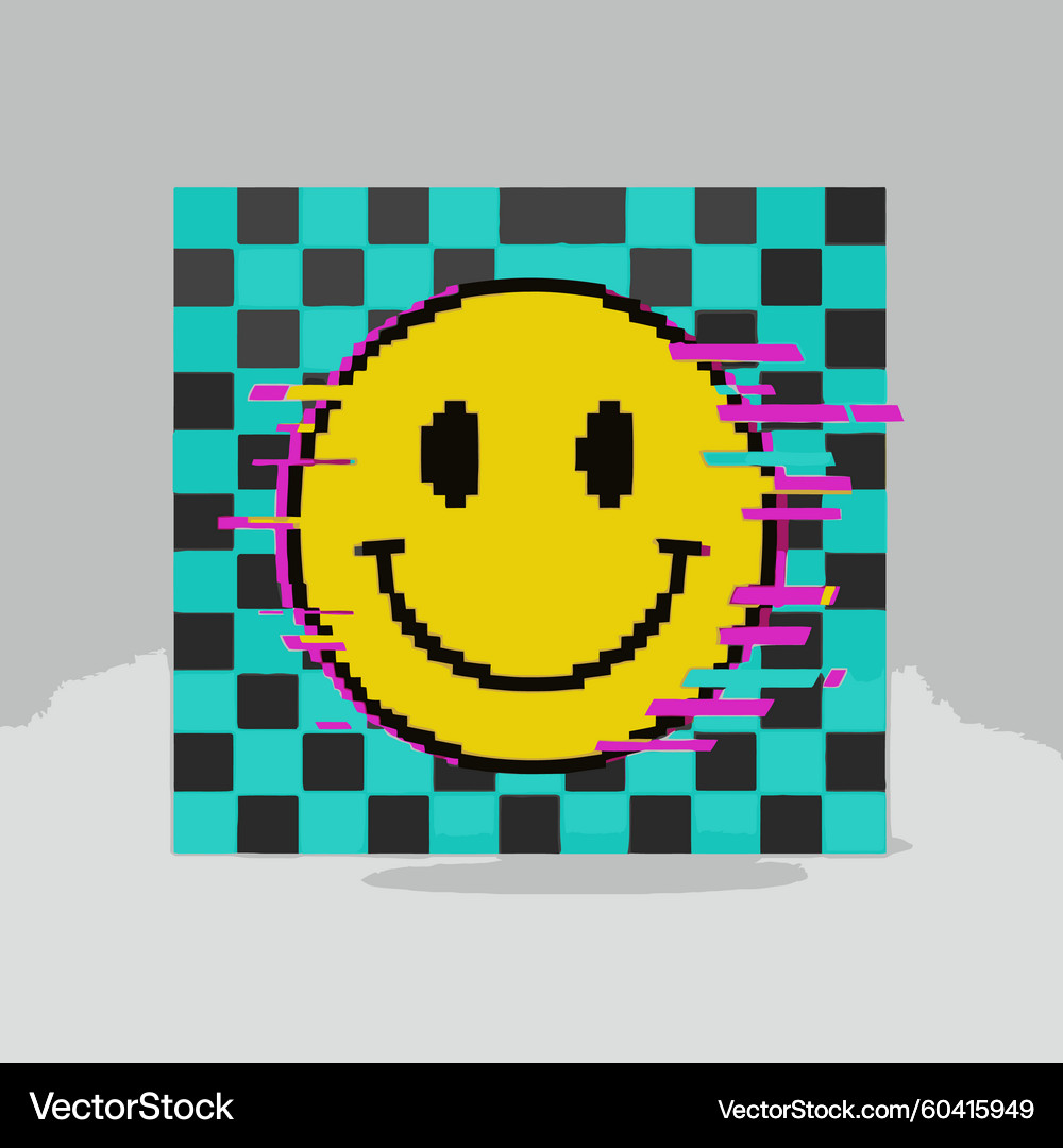 Glitchy smiley face on a checkerboard background Vector Image