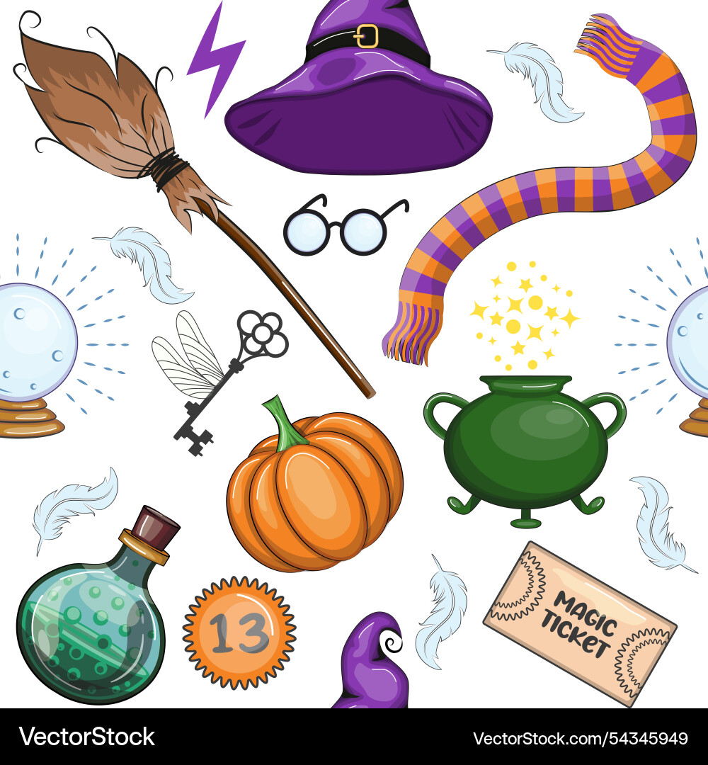 Magic items seamless pattern in cartoon bright Vector Image