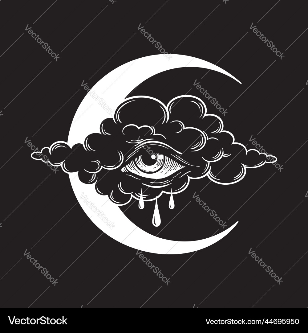 Dripping eye in the cloud with crescent moon Vector Image