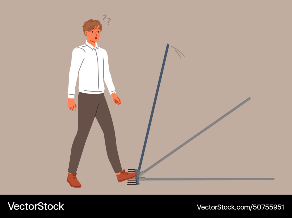 Business man steps on rake risking injury for Vector Image