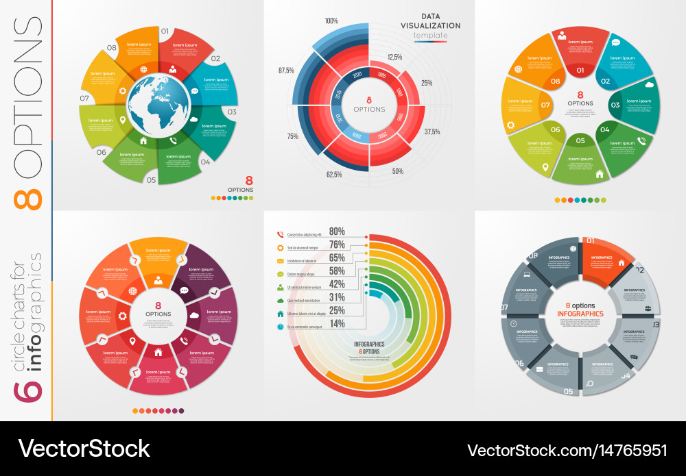 Collection of 6 circle chart templates 8 Vector Image