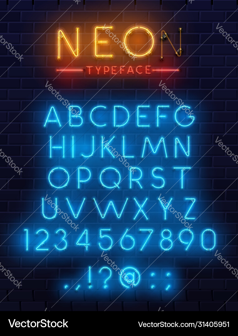 Neon type font glowing alphabet letters Royalty Free Vector
