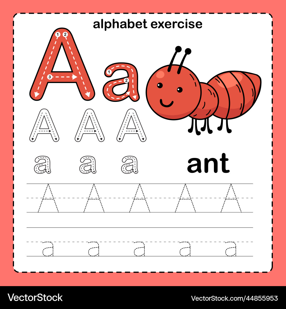 Alphabet letter a - ant exercise with cartoon Vector Image