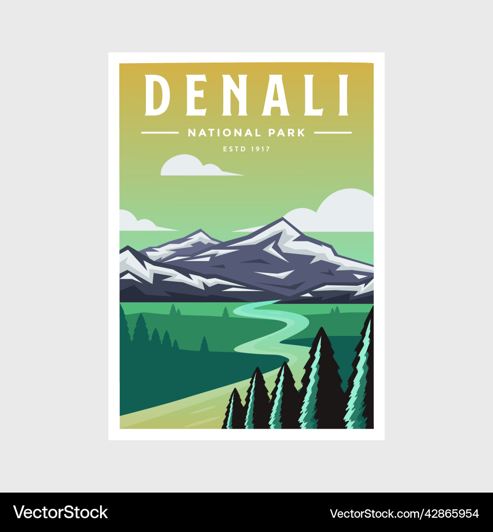 Denali national park poster design Royalty Free Vector Image