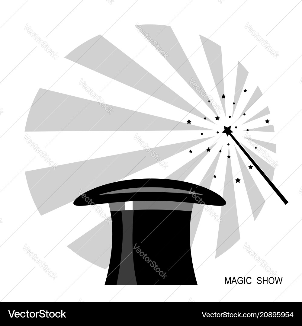 Magic hat and wand black white label Royalty Free Vector