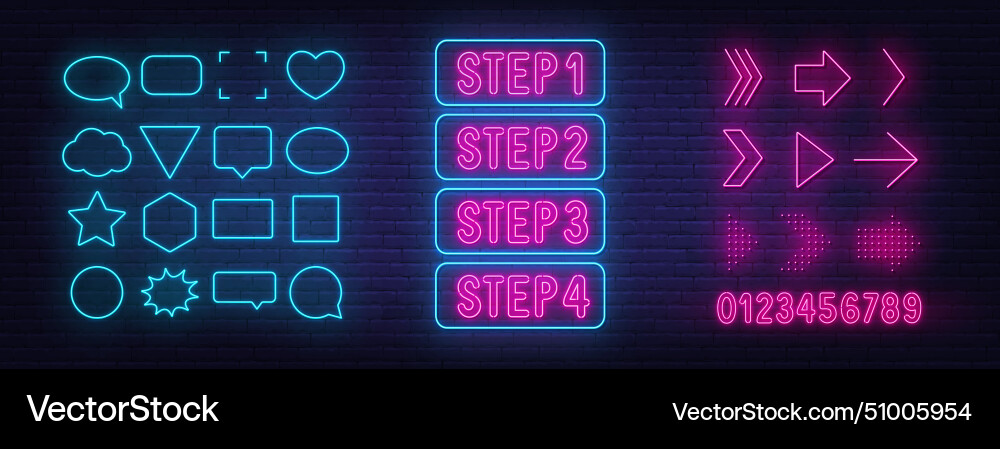 Neon sign step 1234 with number and arrows Vector Image