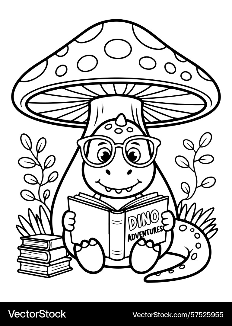 Dinosaur reading under a mushroom coloring page Vector Image
