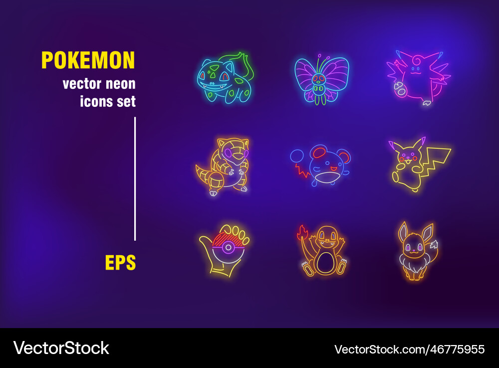 Pokemon neon signs set Royalty Free Vector Image