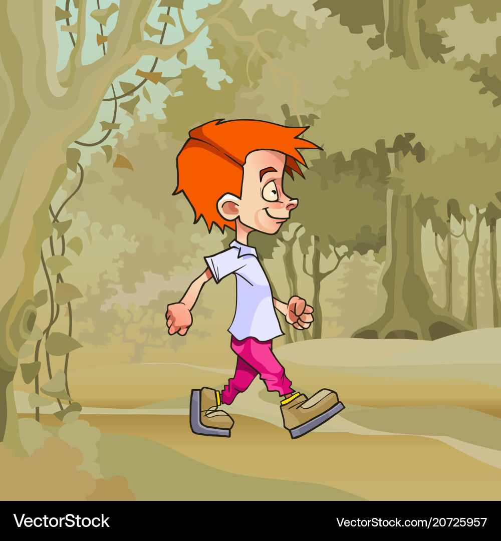 Cartoon walking in the forest red haired boy Vector Image