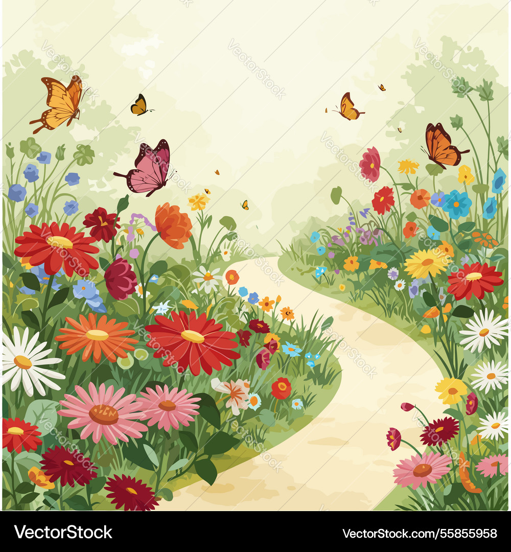 Pathway through colorful wildflower meadow Vector Image