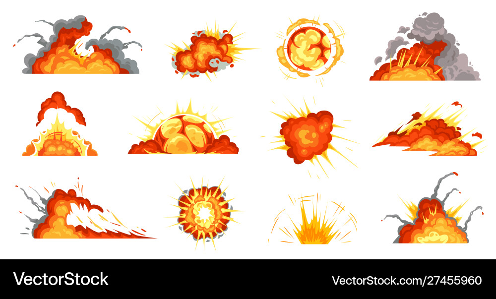 Cartoon explosions exploding bomb fire cloud Vector Image