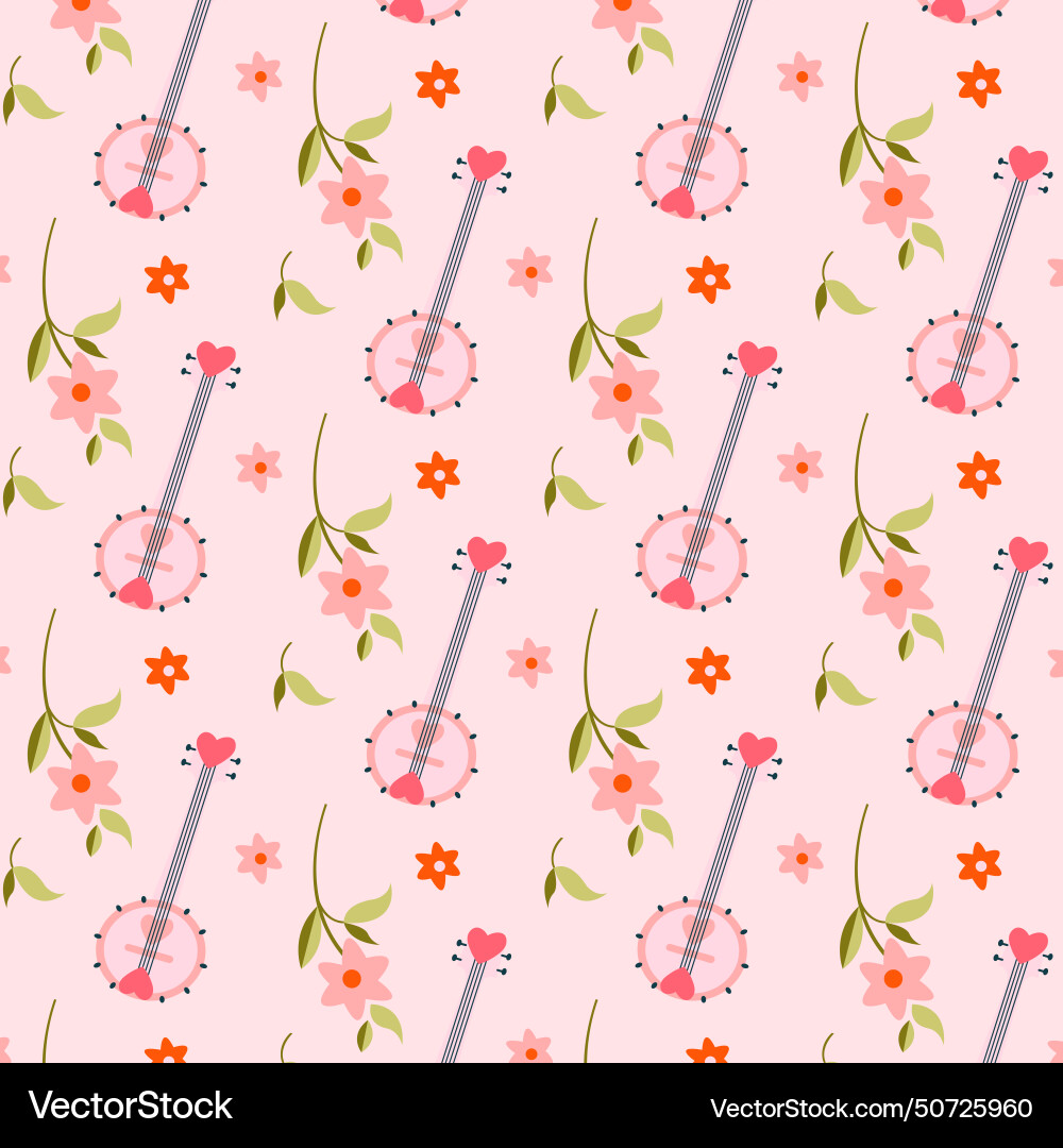 Seamless pattern with banjos and flowers in pink Vector Image