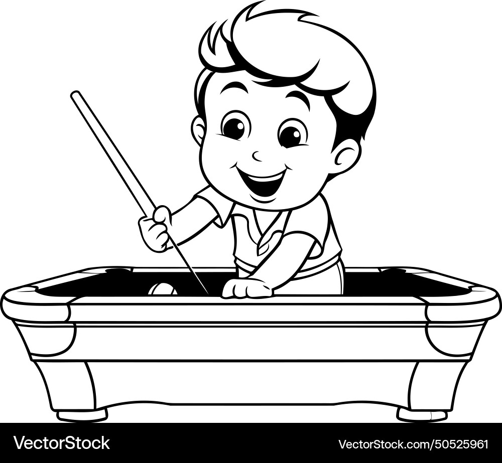 Boy playing billiards - black and white cartoon Vector Image