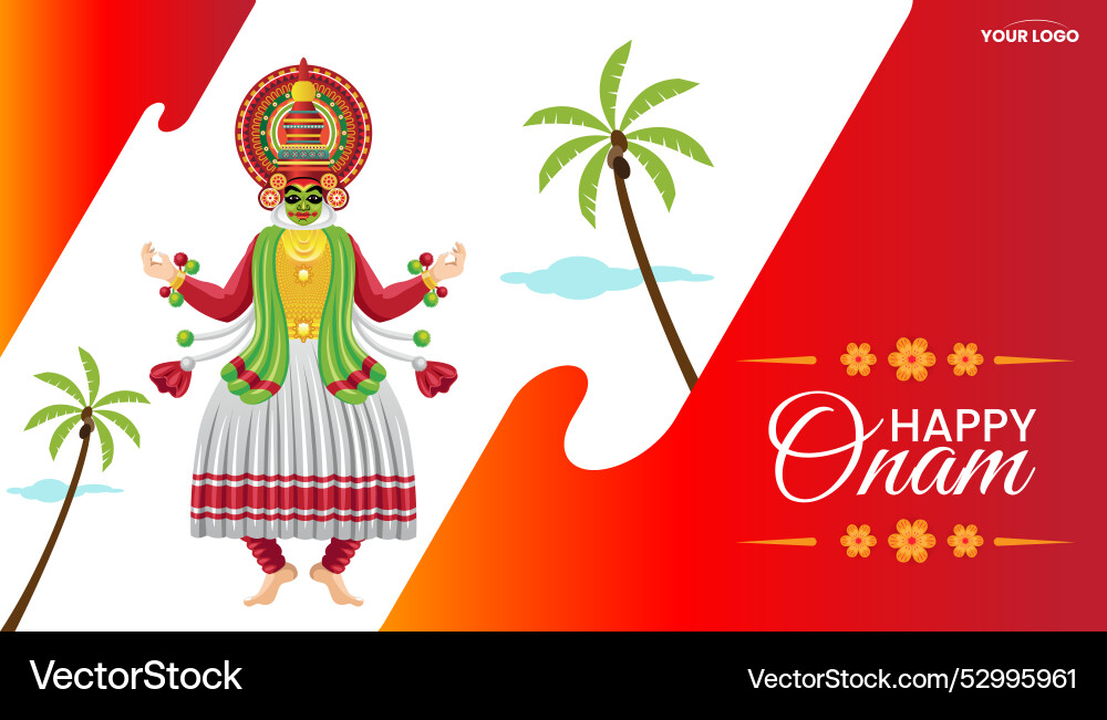 Onam greeting with kathakali dancer and coconut Vector Image