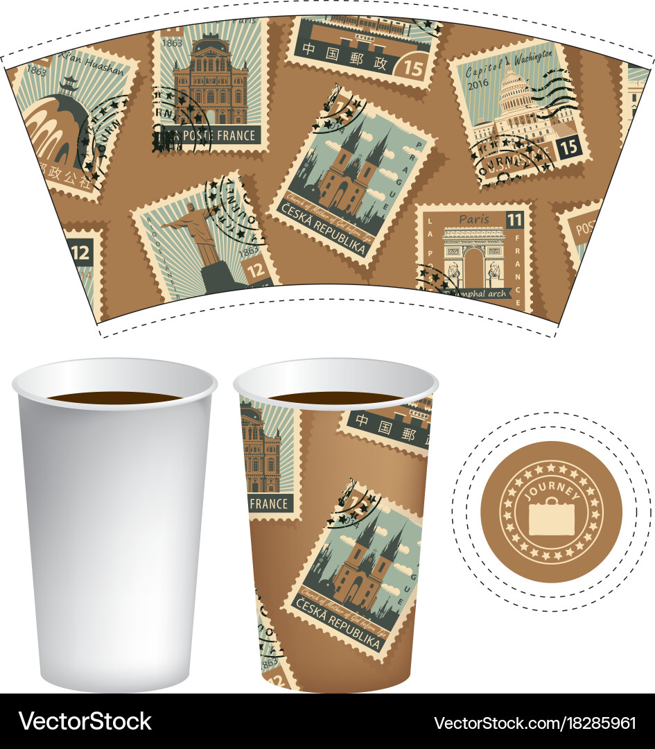 Paper cup for hot drink with postage stamps Vector Image
